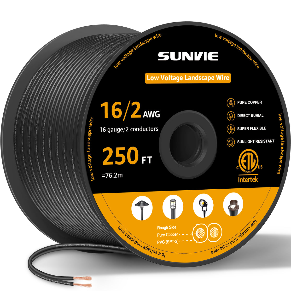 250FT 16 Gauge 16/2 Low Voltage Stranded Copper Electric Wire for Land ...