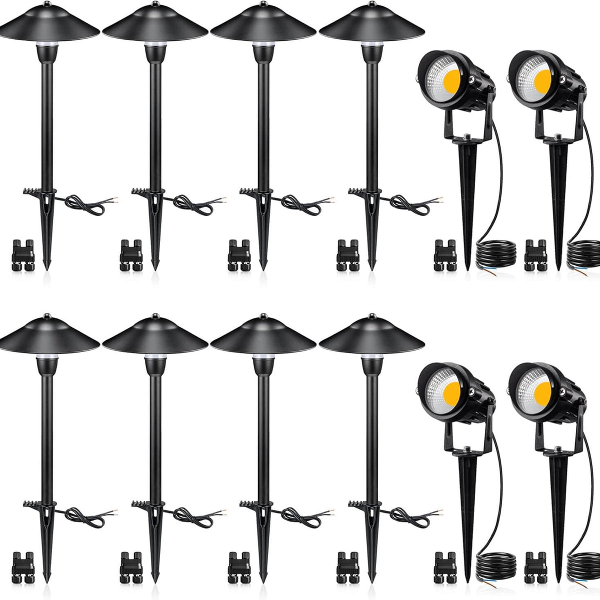 Low Voltage 8 Stake Pathway Lights + 4 Spotlights 12 Pack Kit with Con ...